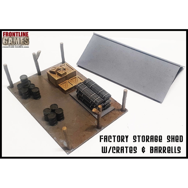 Factory Open Storage shed w/ Crates & barrels FRONTLINE GAMES